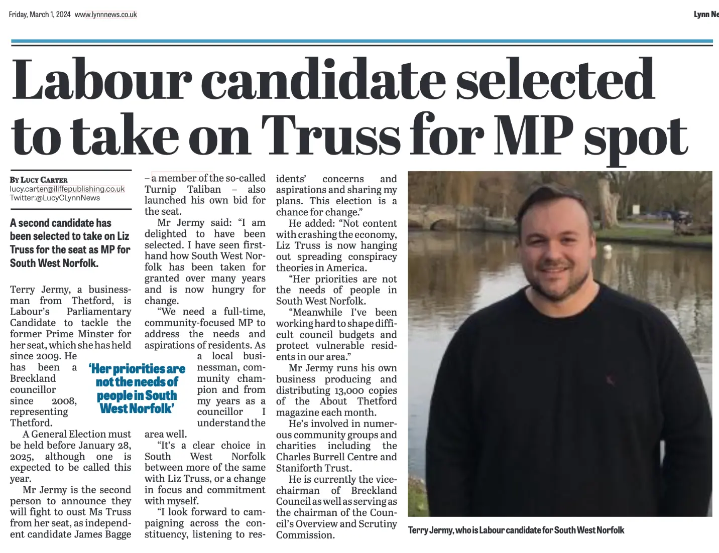 Labour candidate Terry Jermy selected to take on Liz Truss to be South ...